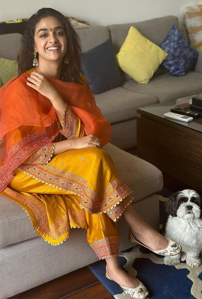 Keerthy Suresh In Mustard Heavy Marodi Long Ulfat Kurta Set