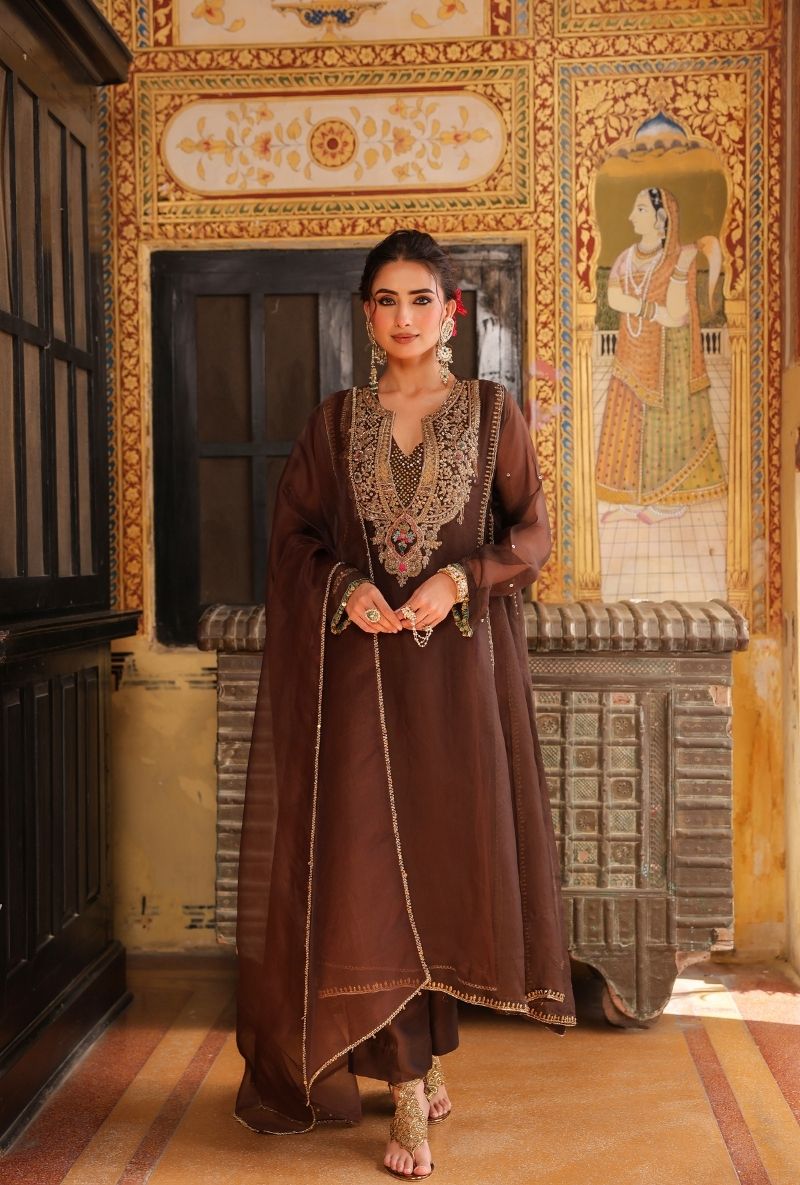 Brown Pakhi Yoke Pheran Long Mehfil Kurta Set – Misri By Meghna Nayyar