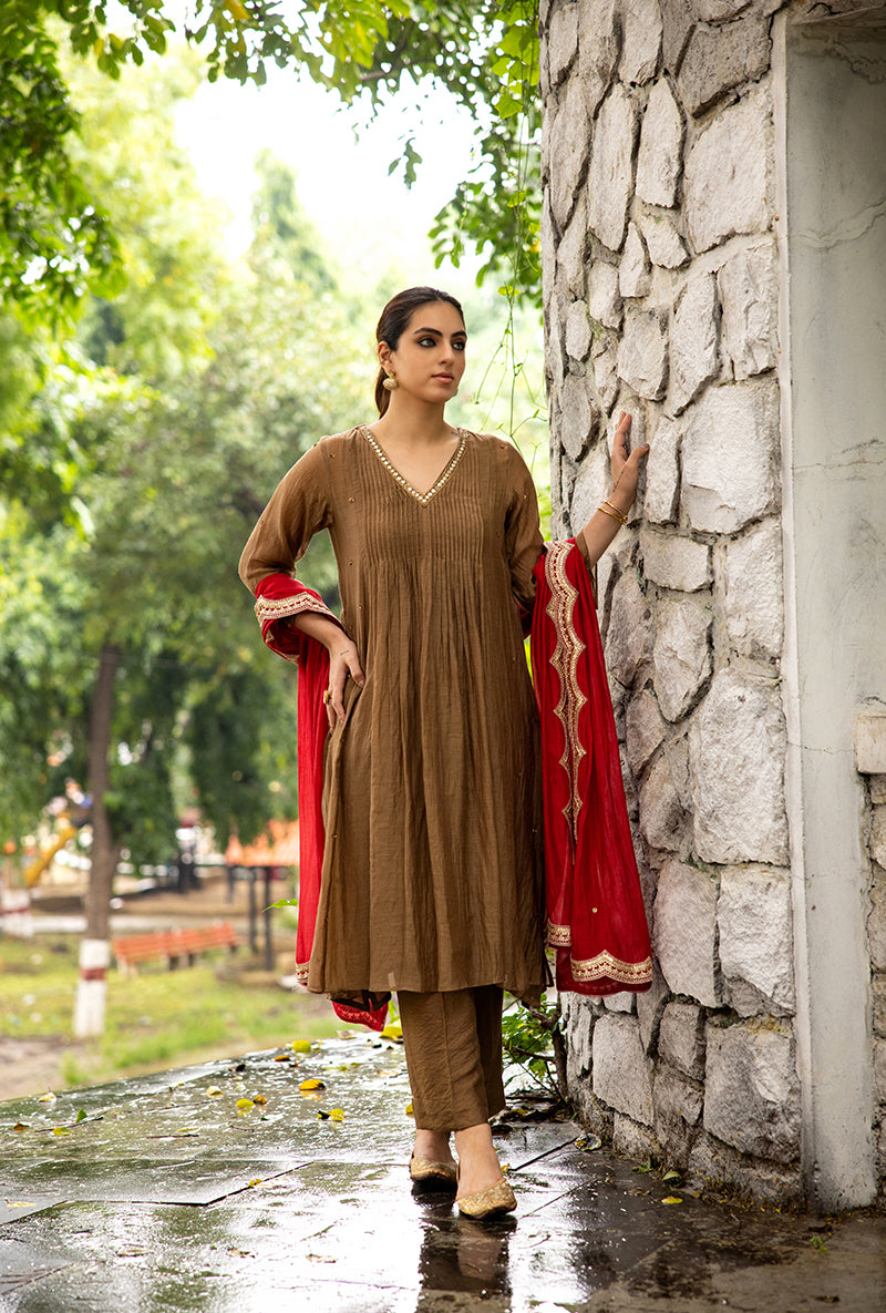 Brown Mirror And Dabka Work Dor Kurta Set