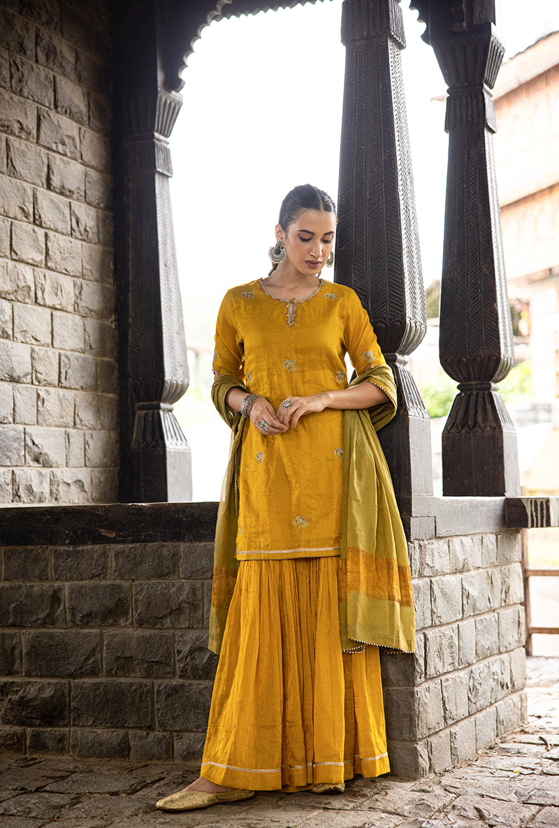 Mustard Elephant Motif Surmayi Sharara Set