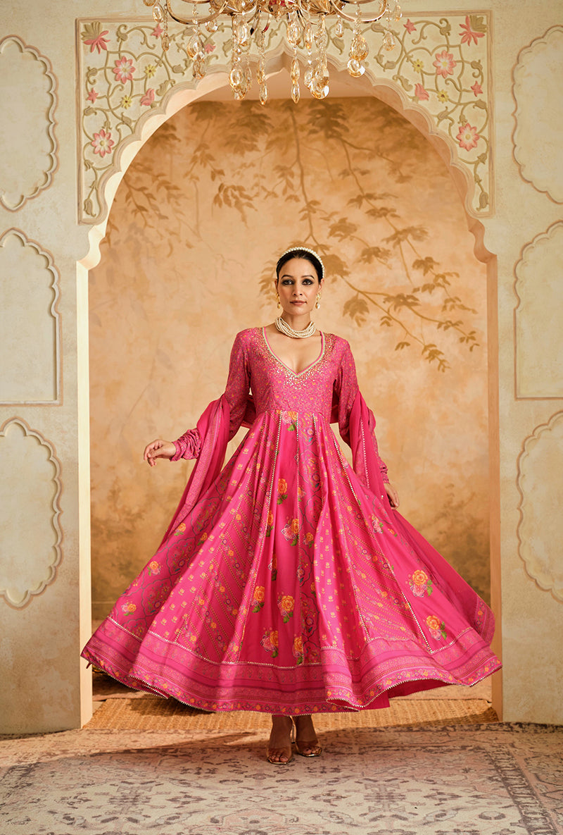 Hot Pink Multiple Kali Goonj Anarkali Set