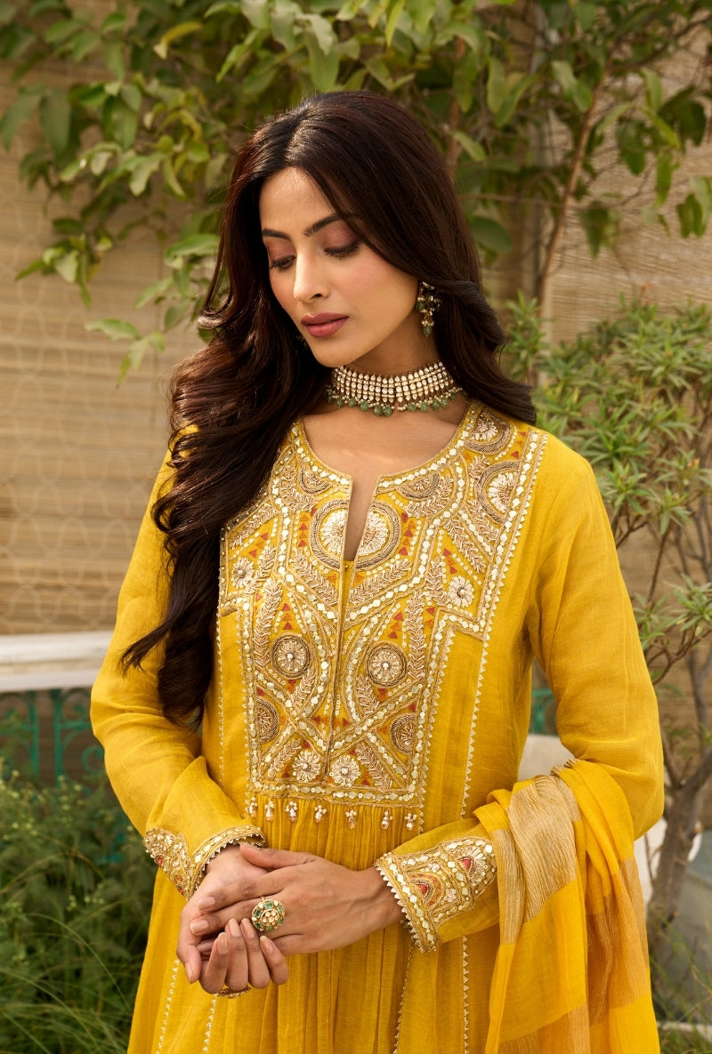 Mustard Embroidered Square Yoke Sabah Anarkali Set – Misri By Meghna Nayyar