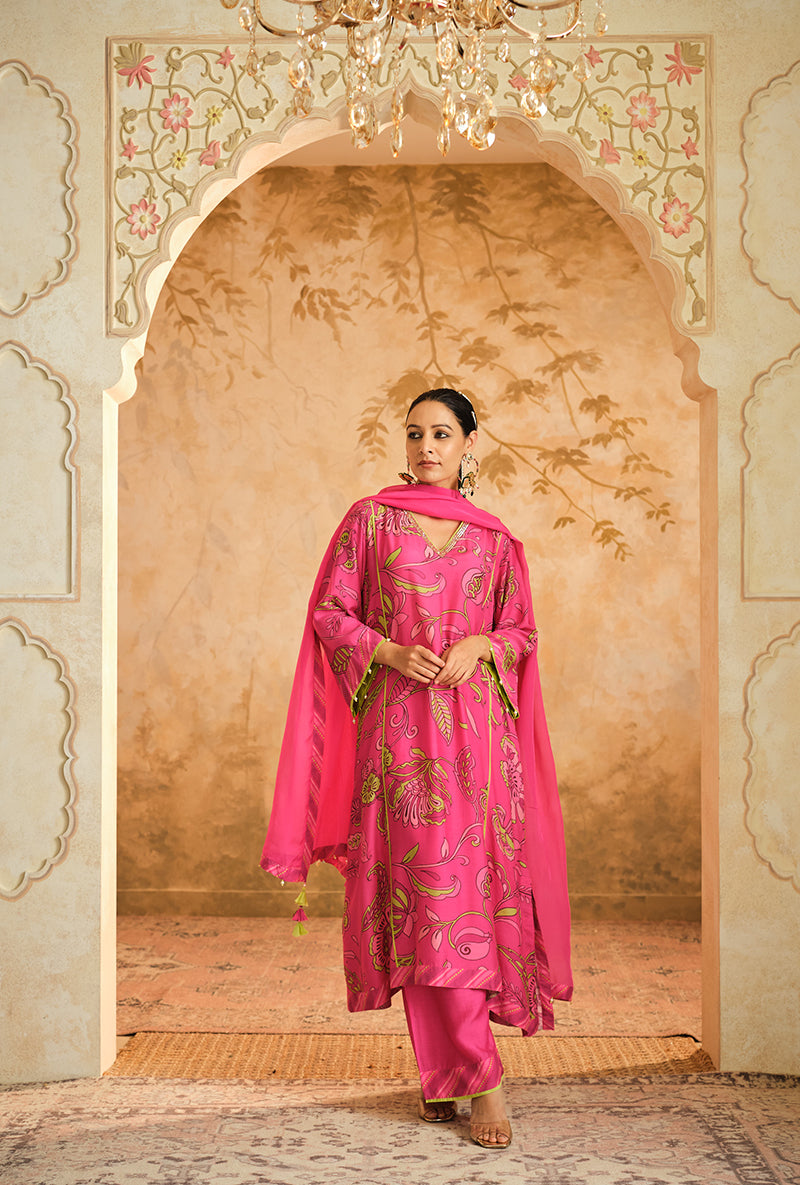 Hot Pink Floral Digital Printed Goonj Kurta Set