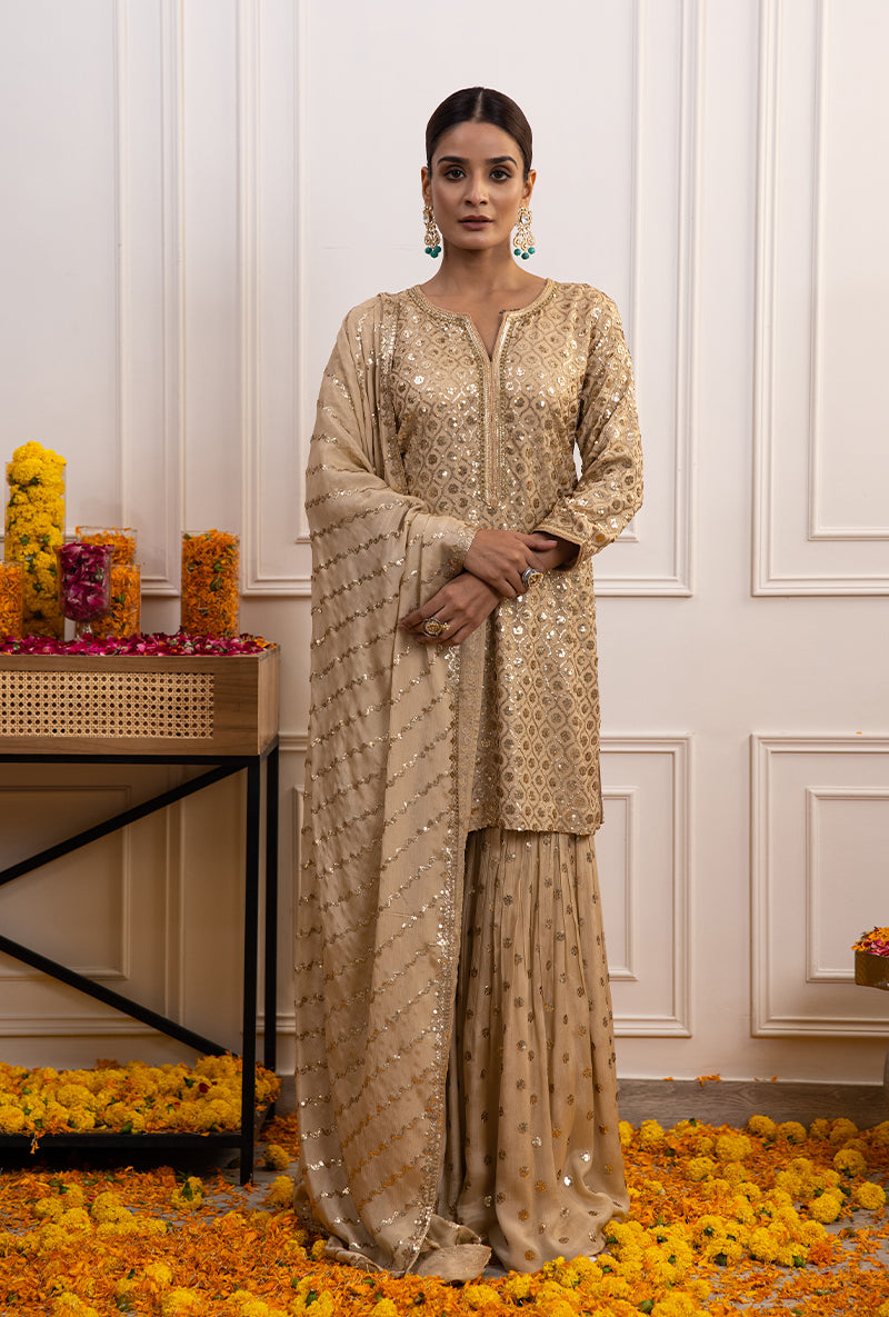 Beige Sequin Hoor Gharara Set
