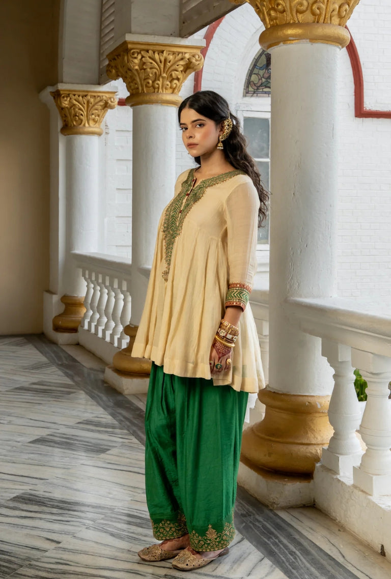 Off White Tri Colour Short Kurta Kashni Farshi Salwar Set – Misri By ...