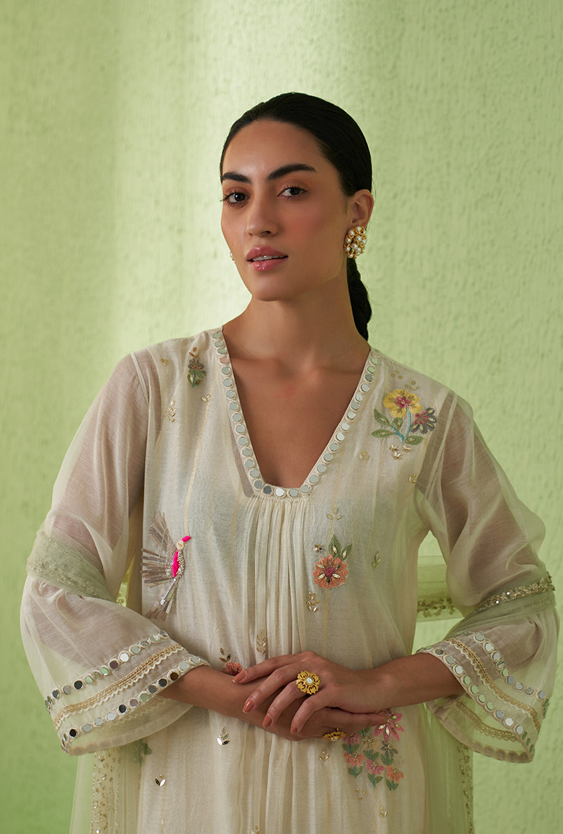 Ivory Glass Neckline A-Line Kurta Set