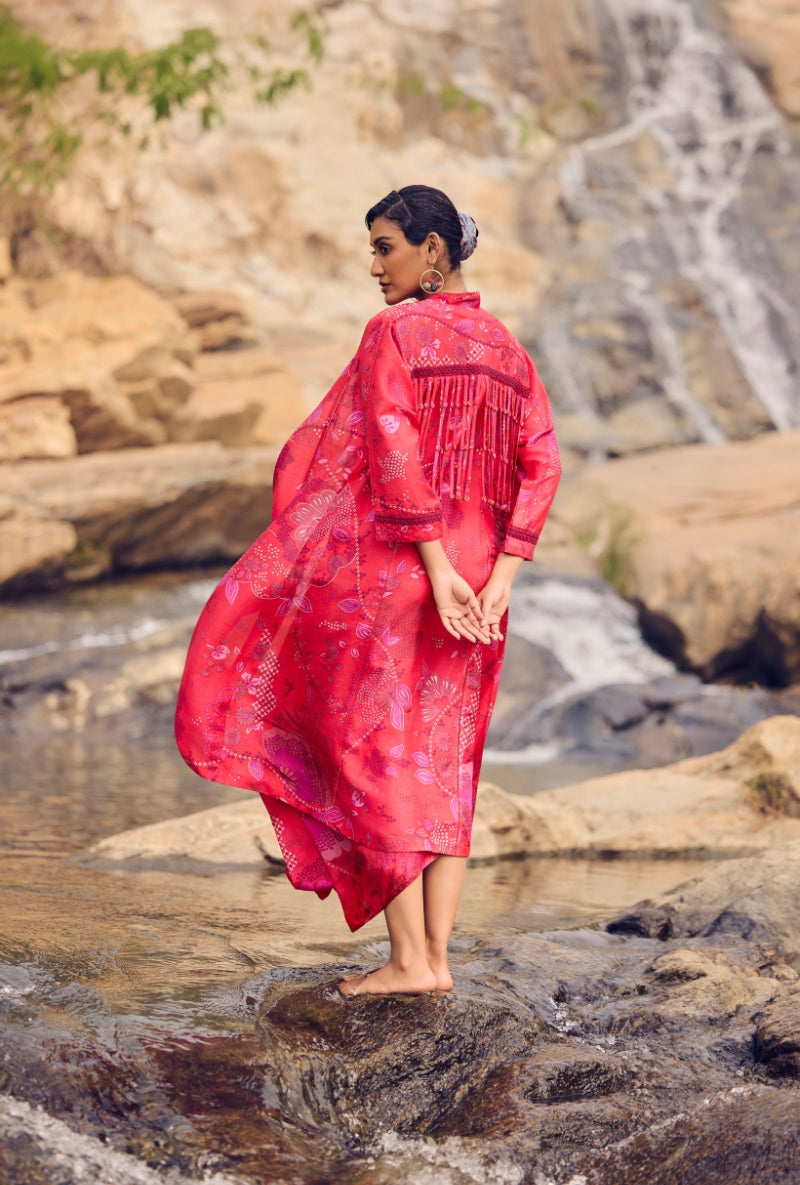 Tomato Red Hand Printed Cut Drape Dress With Overlay Amber Jacket Set ...