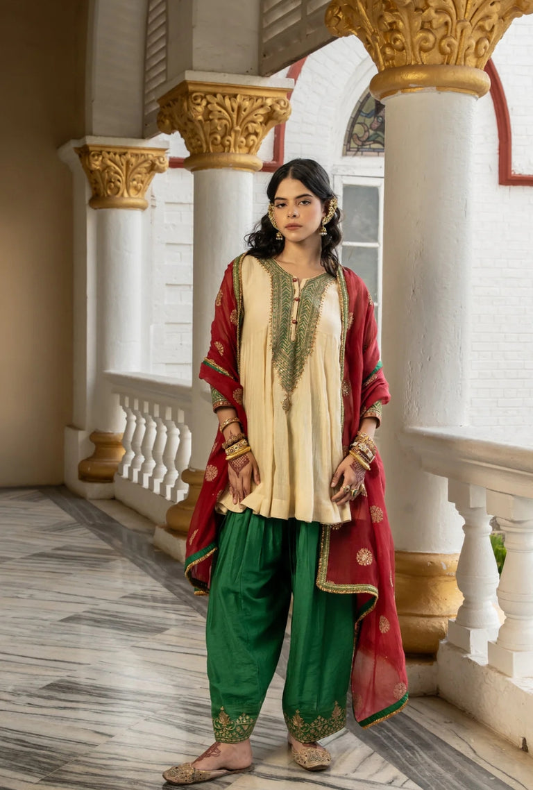Off White Tri Colour Short Kurta Kashni Farshi Salwar Set – Misri By ...