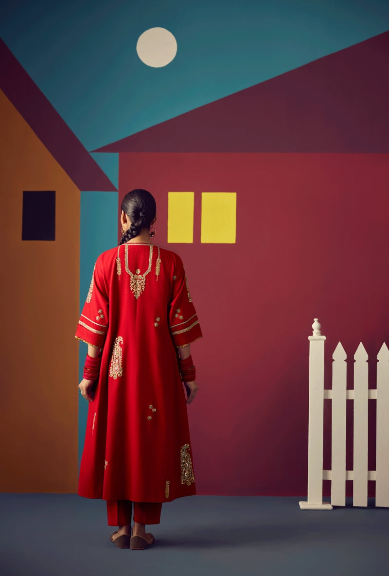 Red Hand Embroidered Yoke A-Line Kaftan Cut Nirali Kurta Set – Misri By ...