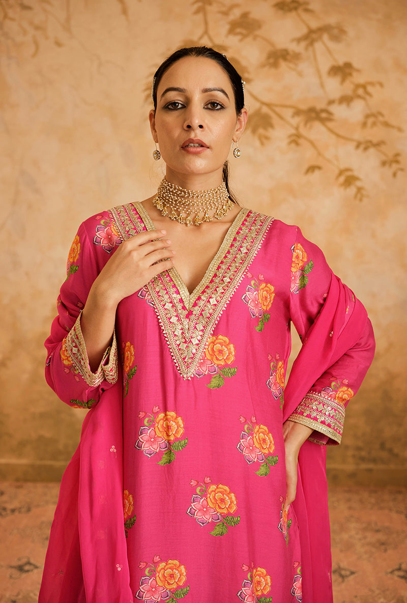 Hot Pink Butti Print A Line Goonj Kurta Set