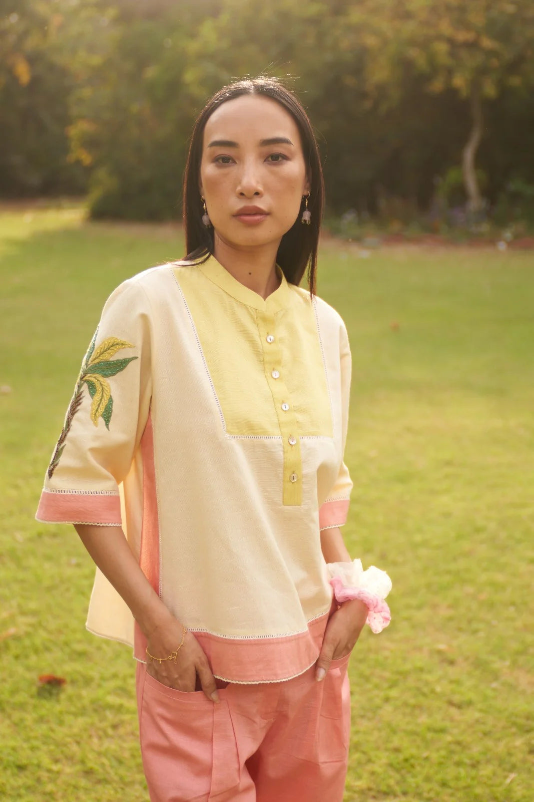 Peach Applique Work Primrose Maple Co-Ord Set