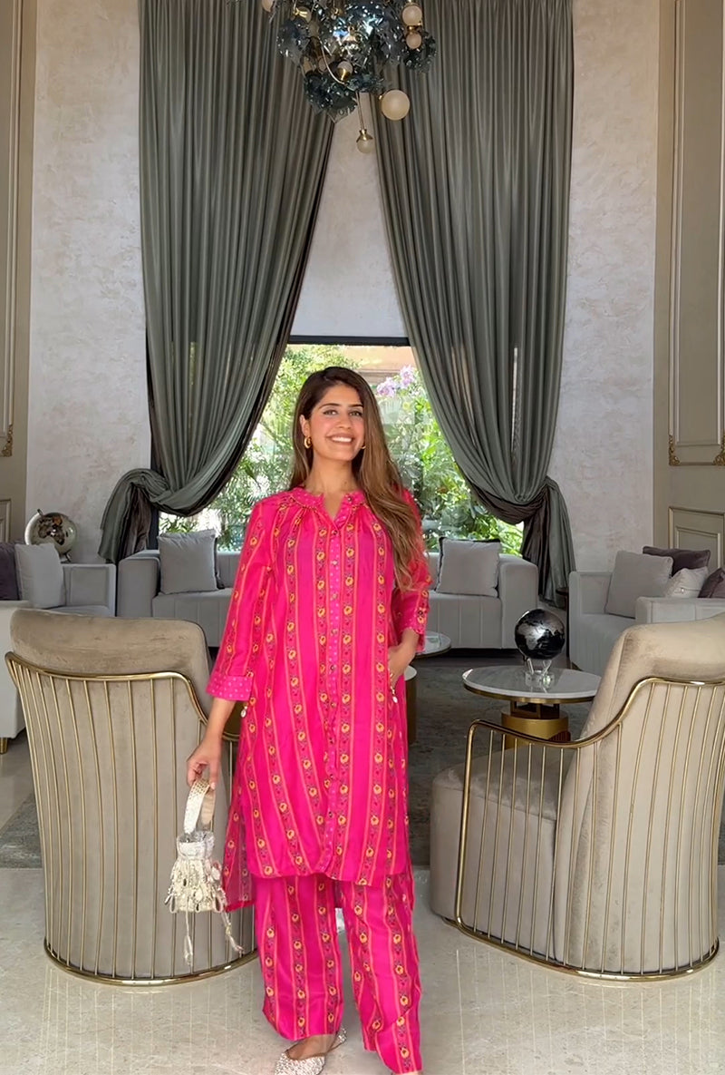 Mehal Kejriwal In Pink Stripe Print Long Sufia Co-ord Set