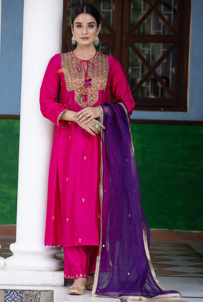 Rani Pink Heavy Tikki Neck Aayat Kurta Set