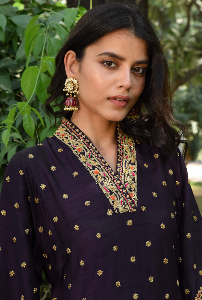 Purple Resham V Neck Kurta Set
